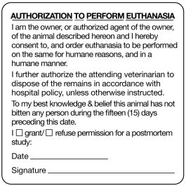 Euthanasia, Authorization and Consent for Treatment Label, 2-1/2" x 2-1 ...